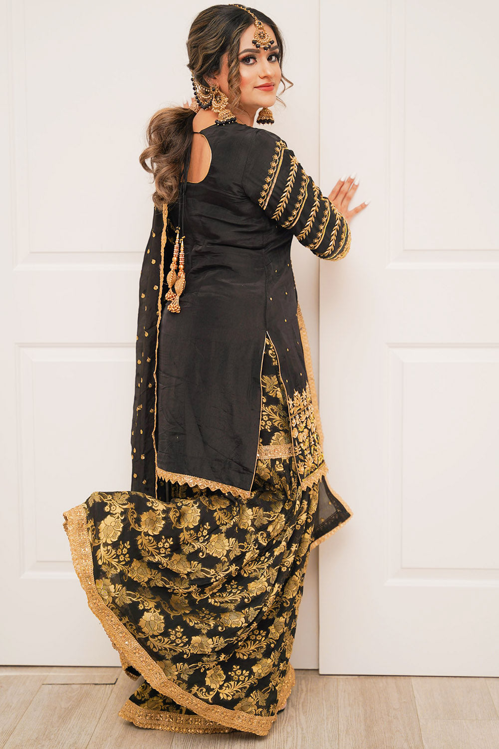 Indian Clothing Black And Gold Hand Embroidered Sharara Suit Glam