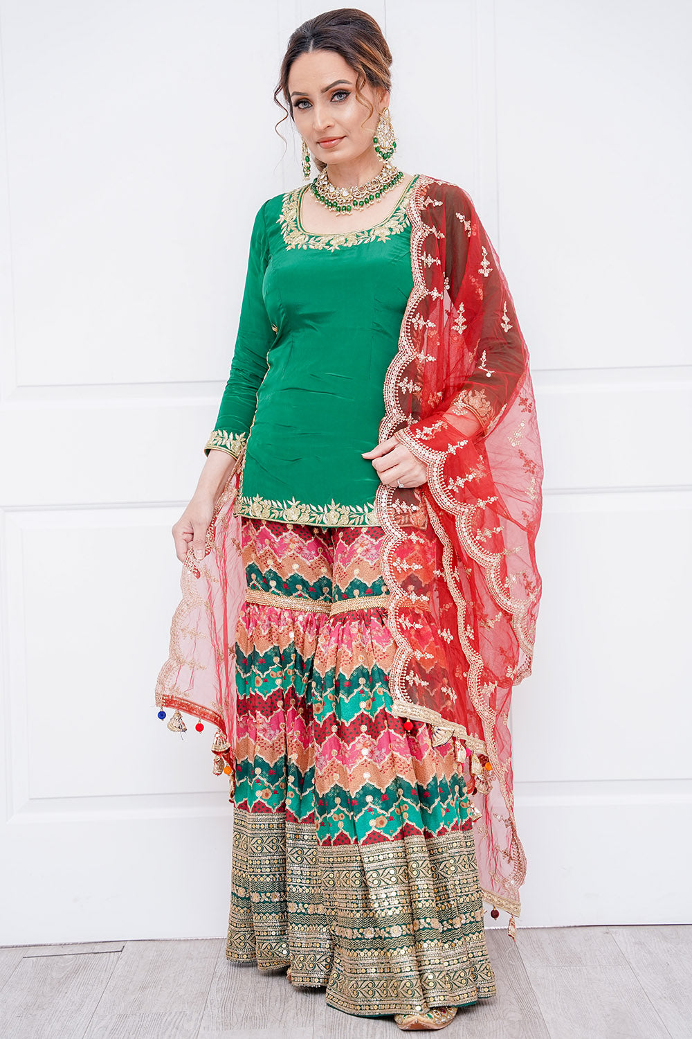 Glam Fashion Hub | Green Multicolour Sharara Suit
