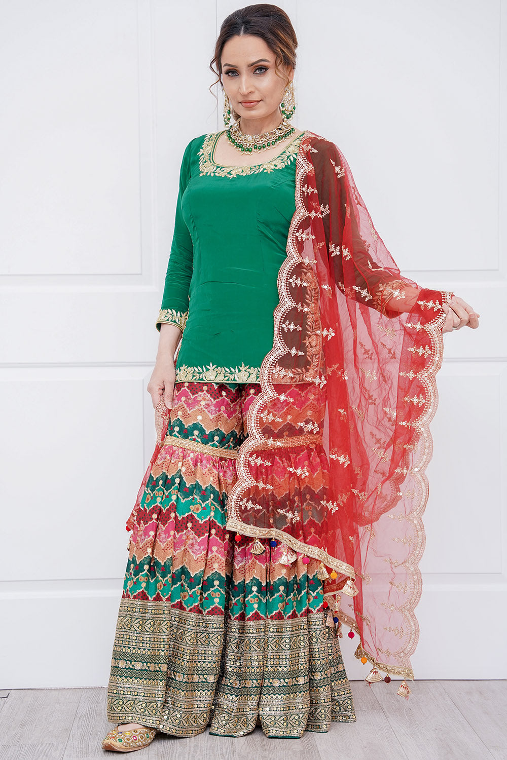 Glam Fashion Hub | Green Multicolour Sharara Suit
